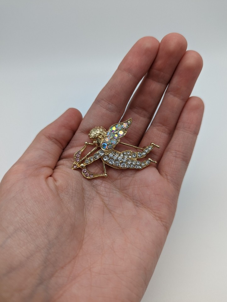 Monet Gold Tone Rhinestone Cupid Valentines Brooch Pink Aurora Borealis ...