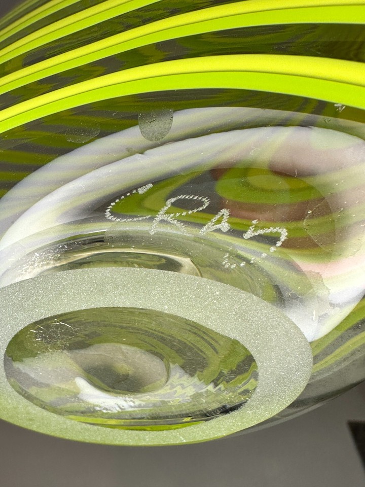 Tony Cray Signed Art Glass Vase LIME GREEN & YELLOW SWIRL 8" Snake ...