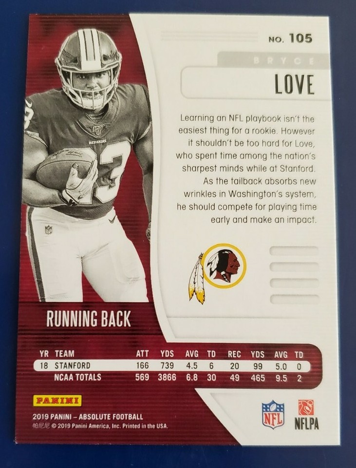 2019 Panini Absolute Bryce Love Washington Redskins #105 RC | eBay