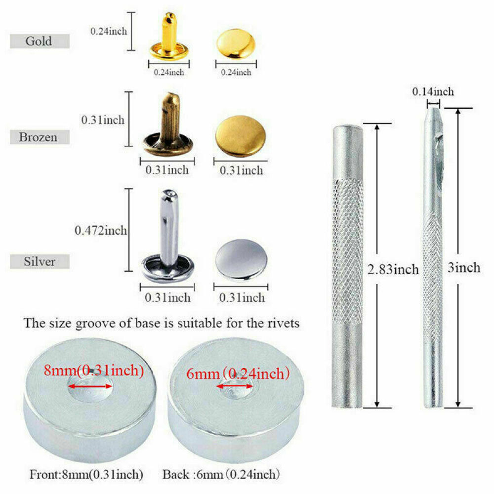 360 Set Leder Nieten Doppelkappe Rivet 6/8/12mm Hohlnieten Mit 3 ...