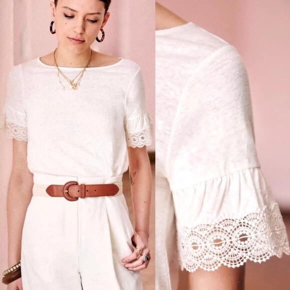 Sezane 100% Linen Lace T-Shirt Ecru Lily Tee Size Sma… - Gem