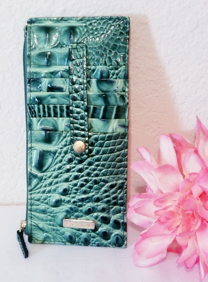 BRAHMIN MELBOURNE Green GENUINE Leather CREDIT CARD SLIM WALLET HOLDER ...