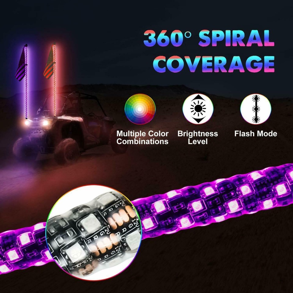 2X 3ft Lighted Spiral LED Whip Antenna w/Flag + 4 Pods RGB Rock Lights ...