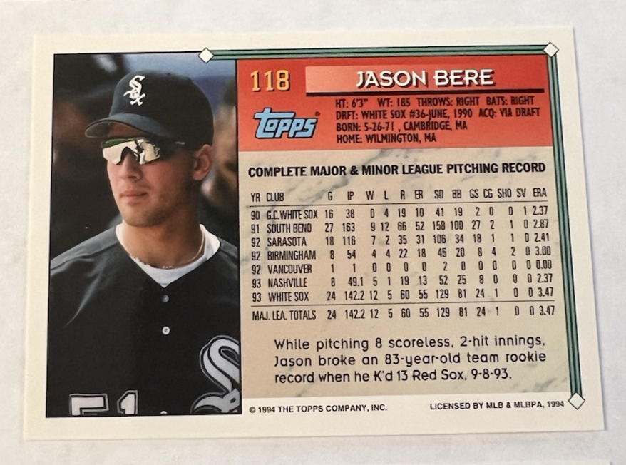 1994 Topps MLB Baseball Trading Card #118 Jason Bere Chicago White Sox ...