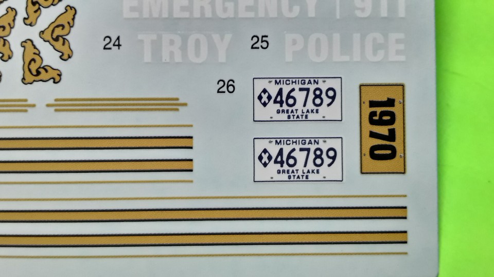 Amt 70 Chevy Impala 1/25 Decal Sheet Fire Chief Police Car Troy MI Pin ...