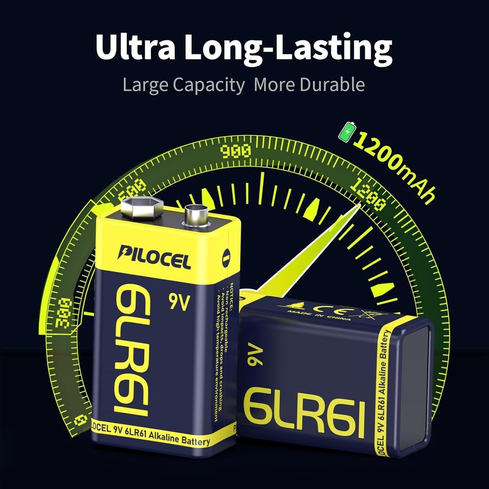 9V Batteries 8 Pack, Alkaline 9 Volt BatterY Long-Lasting Square 9V ...