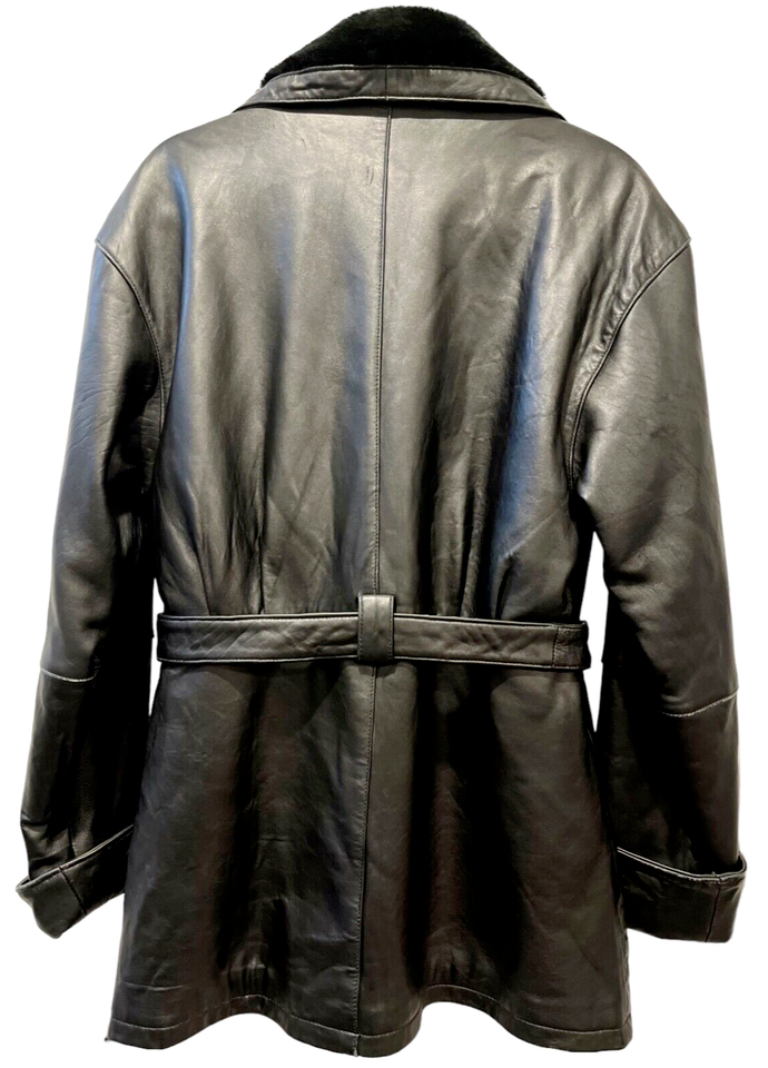 SUB ZERO LEATHER COAT L BLACK HEAVY JACKET BELT ZIP OUT FAUX FUR HTF ...