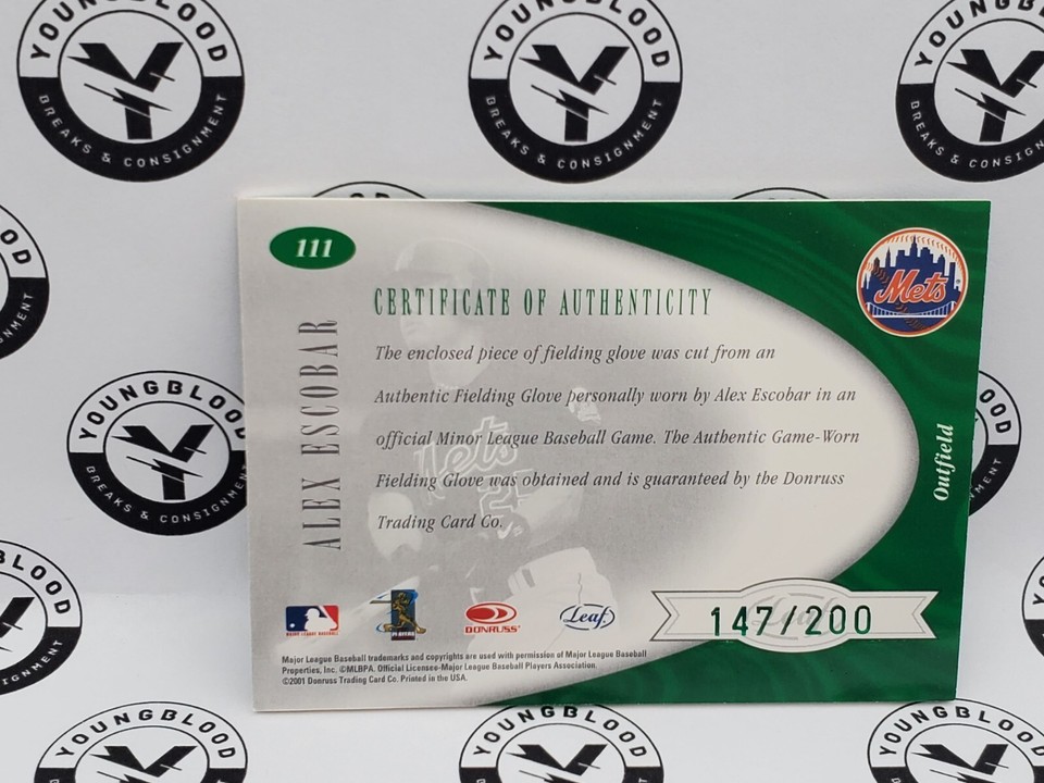 ALEX ESCOBAR 2001 Leaf Certified Materials Freshman Fabric GREEN #147/ ...