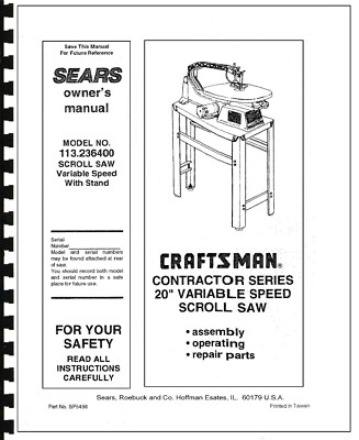 Craftsman 20 " Scroll Saw Manual Model # 113.236400 | eBay