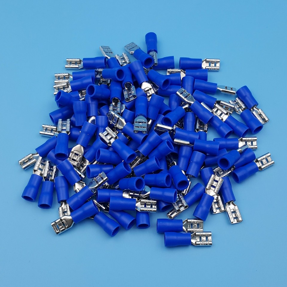 100Pcs Blue Female 4.8mm Spade Quick Disconnect 16-14 AWG Wire Crimp ...