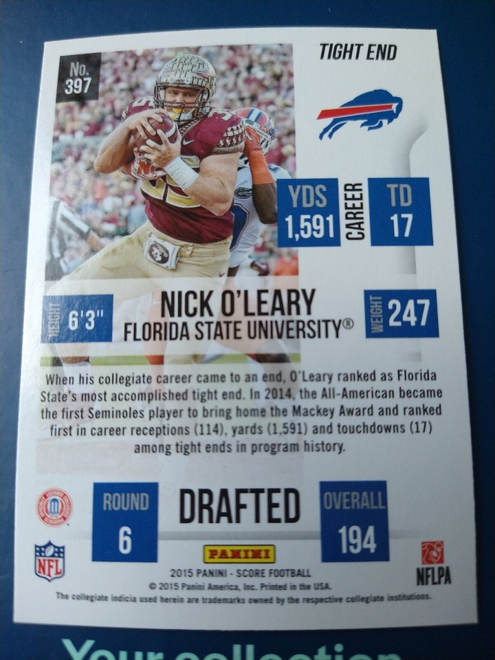 2015 Panini Score Football Nick O'Leary #397 Buffalo Bills Rookie RC | eBay