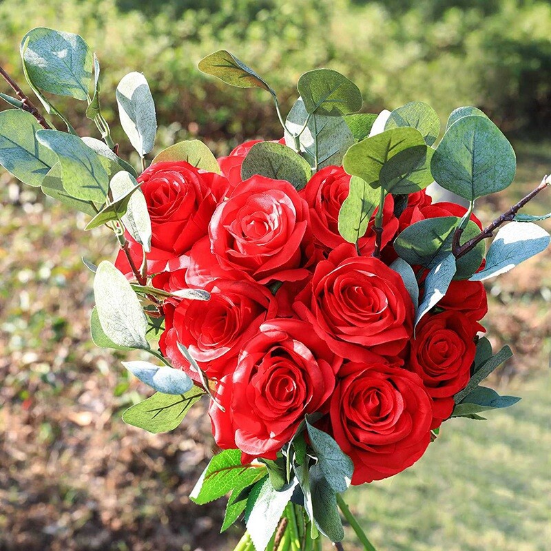 Artificial Rose Flower Red Silk Roses with Stem Flowers Bouquet ...