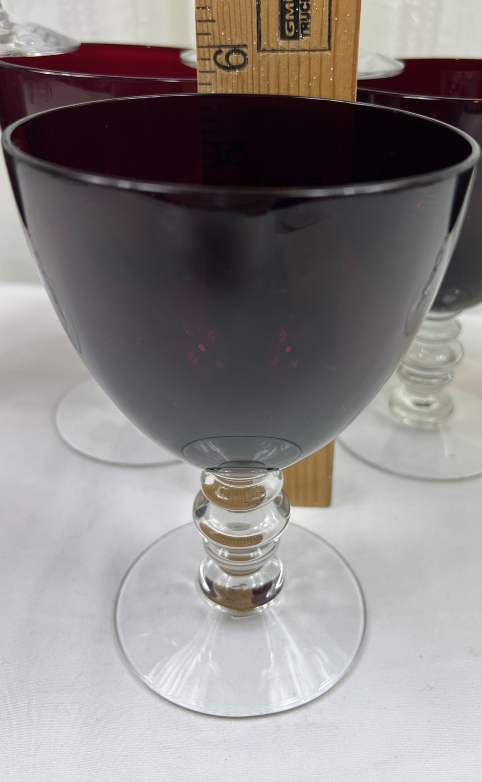 Stemware...VTG Ruby Red Water Goblet Blown Glass Clear Stem Set of 8 ...