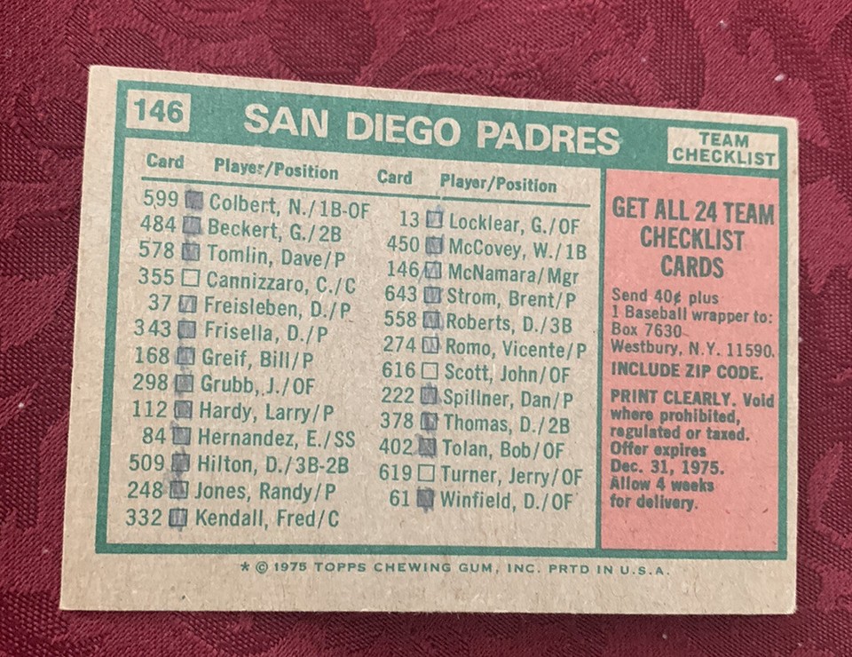 1975 Topps Baseball Team Checklist Card #146, San Diego Padres | eBay