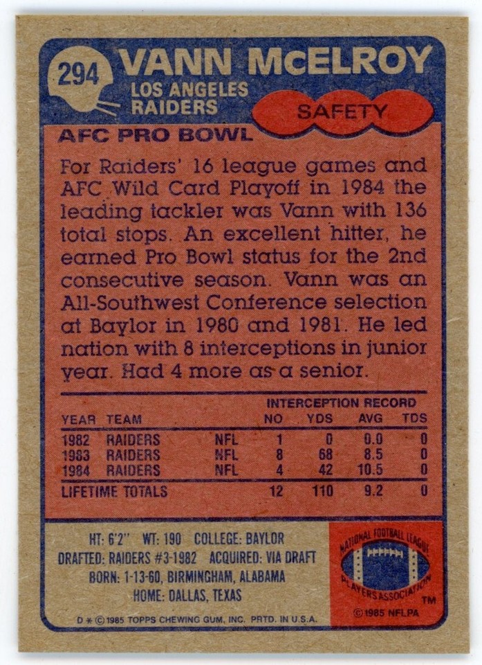 1985 Topps Football Card #294 Vann McElroy RAIDERS | eBay