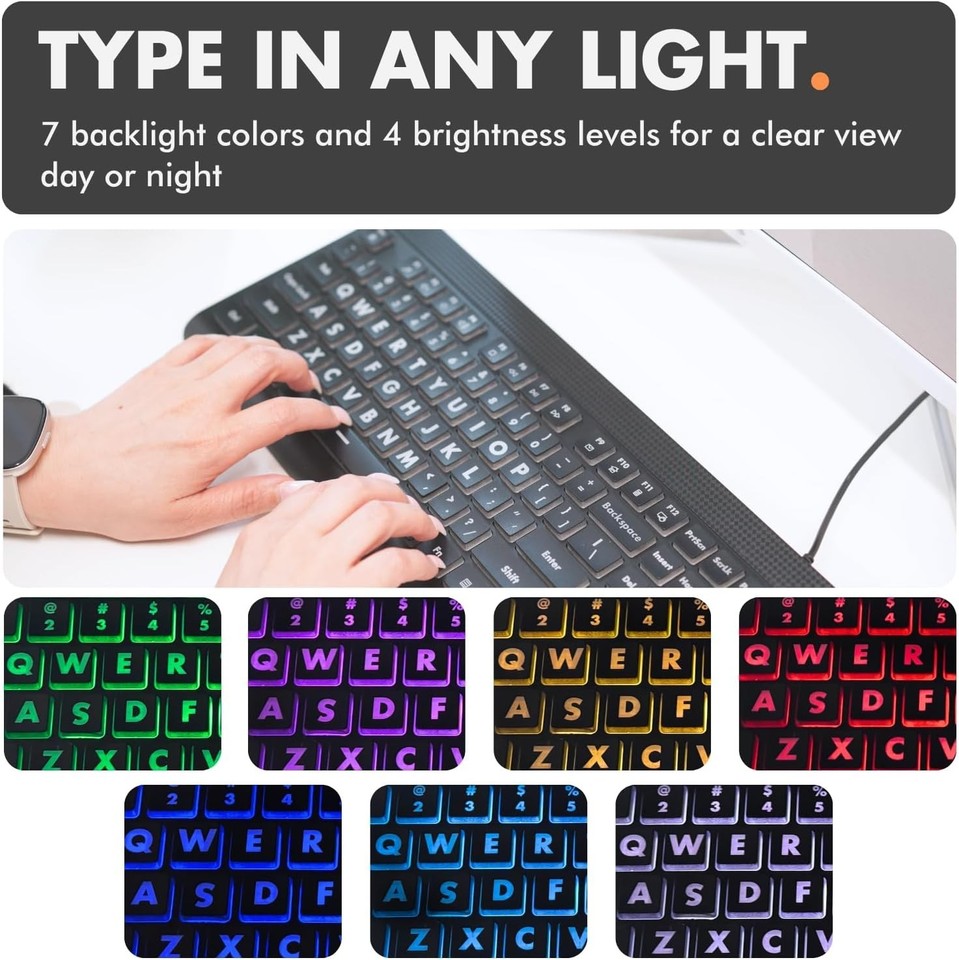 SABLUTE Large Print Backlit Keyboard, Wired USB Lighted Computer ...