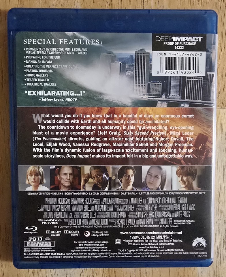 Deep Impact Blu-Ray Disc EXCELLENT Jon Favereau Morgan Freeman ACTION ...