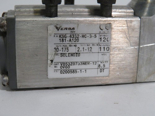 Versa KSG-4332-HC-3-5-181-A120 Pneumatic Directional Valve 110/120VAC 8 ...