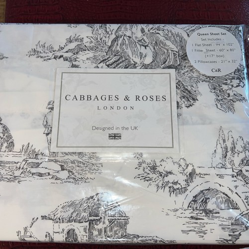 Cabbages and Roses Queen Sheet Set Country Toile White Charcoal Cotton ...