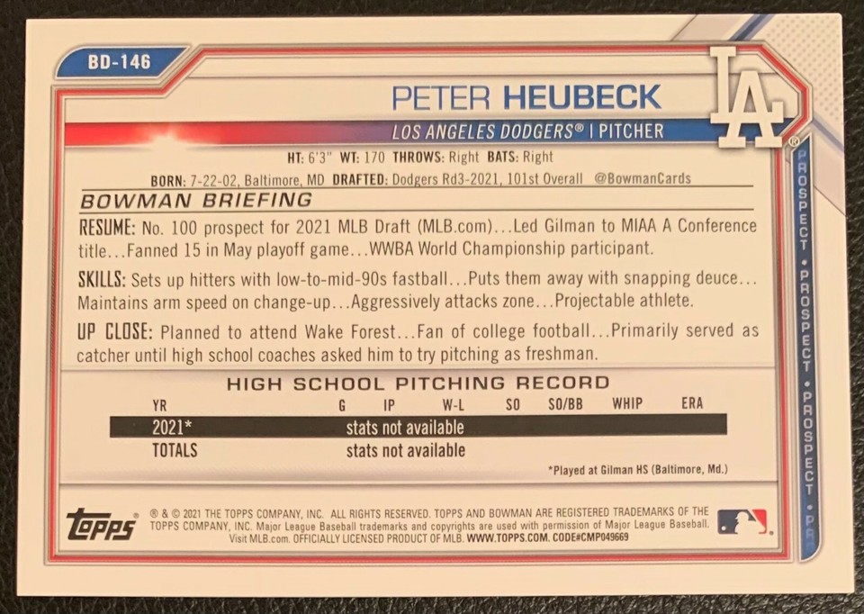 2021 BOWMAN DRAFT PETER HEUBECK LOS ANGELES DODGERS PROSPECT #BD-146 ...