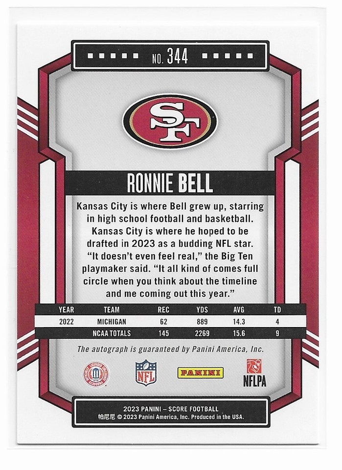 2023 Score RC Auto Ronnie Bell Card No. 344 Rookie Autograph San ...