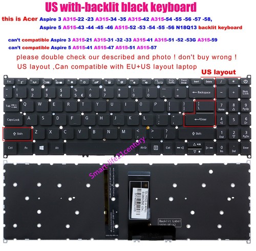 US backlit Keyboard For Acer A315-57 N18Q13 N19C1 N19H1 N18Q13 N18C1 ...
