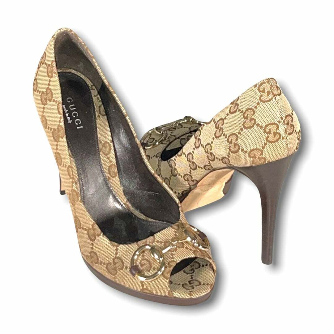 GUCCI Open Toe Horsebit Monogram Heels (IT 37.5) | eBay GUCCI Open Toe Horsebit Monogram Heels (IT 37.5) | eBay