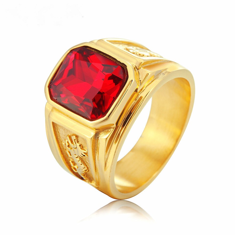 Signet Ring for Men Women Gold Plated Stainless Steel Red Stone Band ...