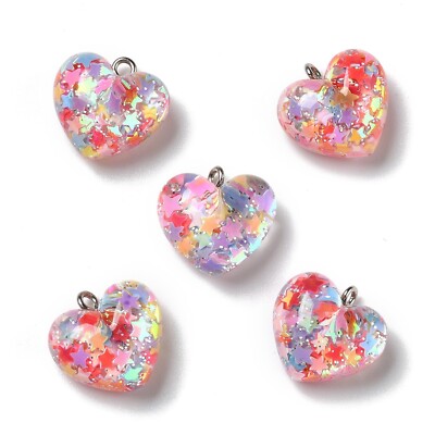 30x Colorful Transparent Resin Glitter Powder Heart Pendants with Loop ...