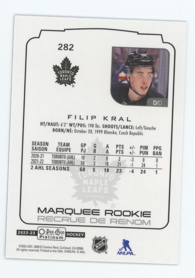 Rookie Filip Kral 2022-23 O-Pee-Chee Platinum Hockey #282 Toronto Maple ...