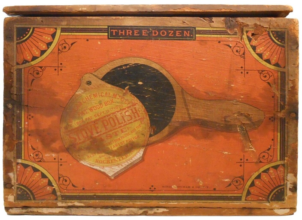 RARE ANTIQUE PAT 1871 STOVE POLISH PASTE PAPER LABLD, HINGED LID WD BOX ...