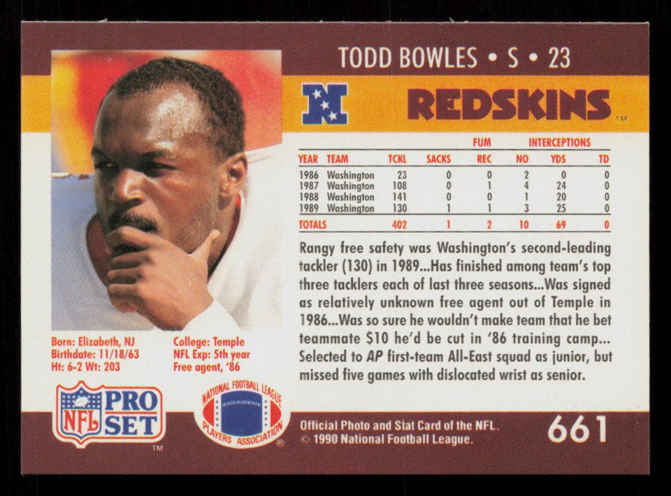 1990 Pro Set #661 Todd Bowles RC Rookie Washington Redskins Football ...
