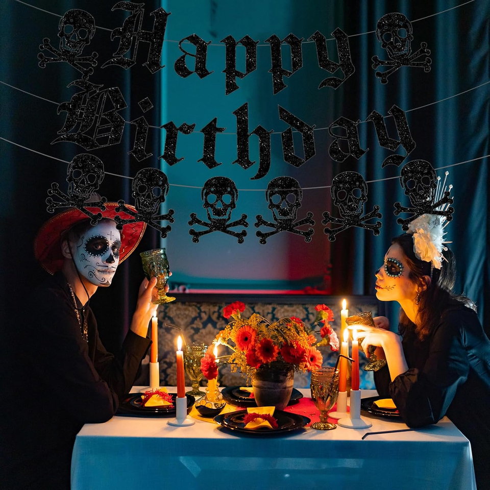 Gothic Happy Birthday Banner Black Glitter Old English Skull Garland ...