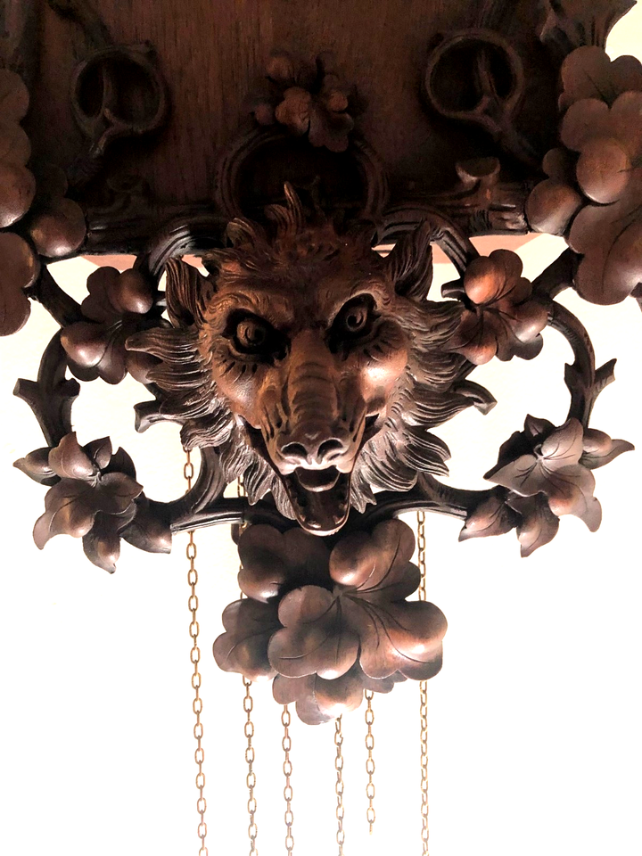 ANTIQUE BLACK FOREST QUAIL CUCKOO CLOCK, BEAUITFUL ROE DEER AND WOLF ...