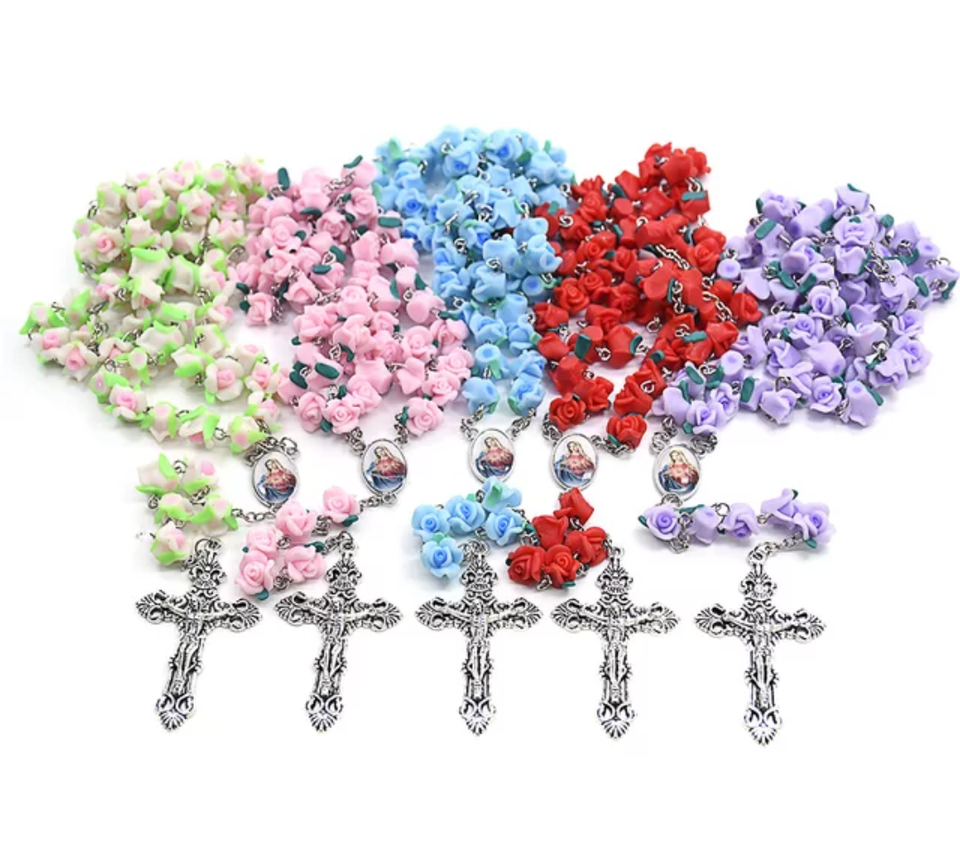 Red Rose Shaped Flower Bead Rosary Immaculate Heart Mary Centerpiece ...
