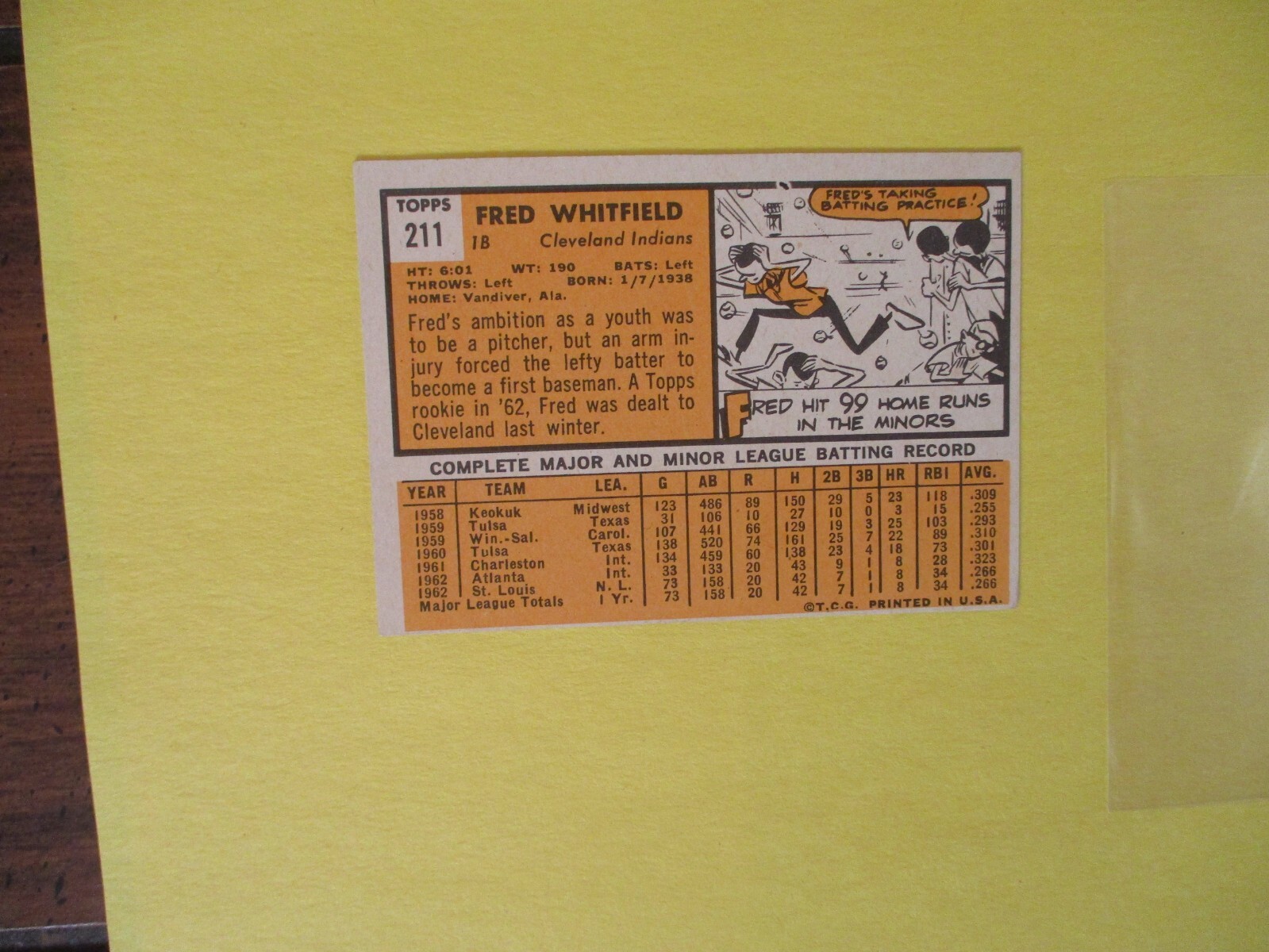 FRED WHITFIELD(D-13)Signed Trimmed Index Card w/8 x 11 Display w/1963 ...