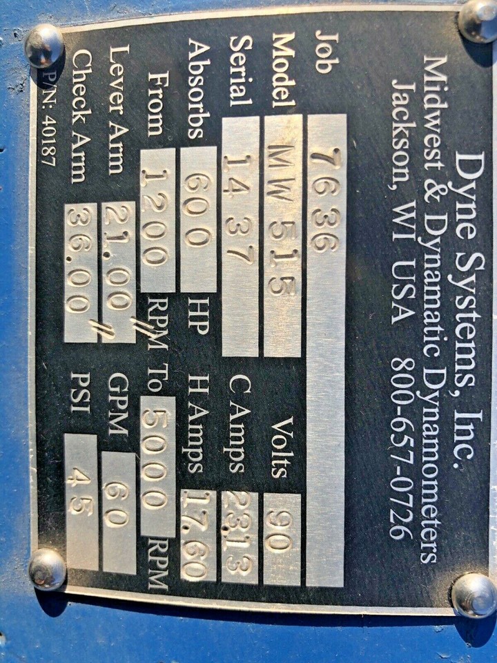 Dyne Systems Inc Dynamometer Absorbs 600 Hp , 1200 - 5000 Rpm Mod MW515 ...