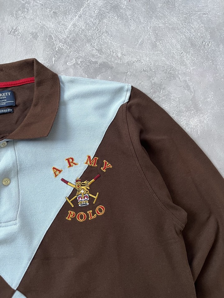 Hackett London Army Polo Longsleeve Shirt Rugby Blue/Brown Tailored Fit ...
