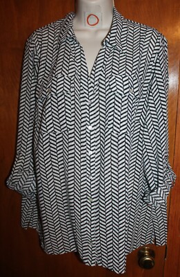 NOTATIONS Plus 1X SHEER BUTTON-UP SHIRT (black/white w/ roll-tab ...