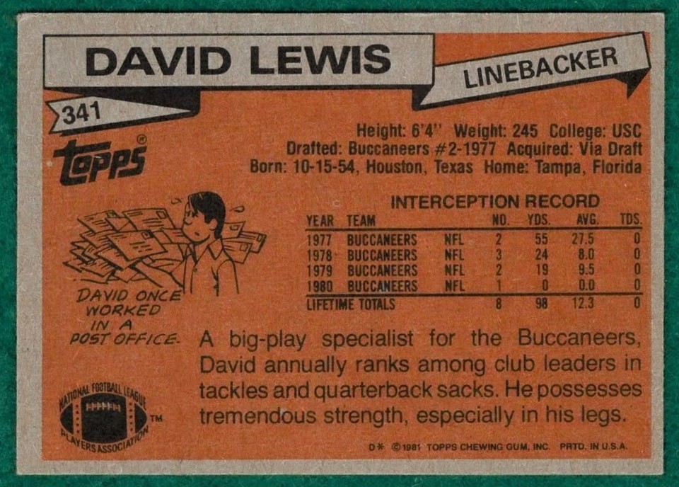David Lewis - 1981 Topps #341 - Tampa Bay Buccaneers Football Card | eBay