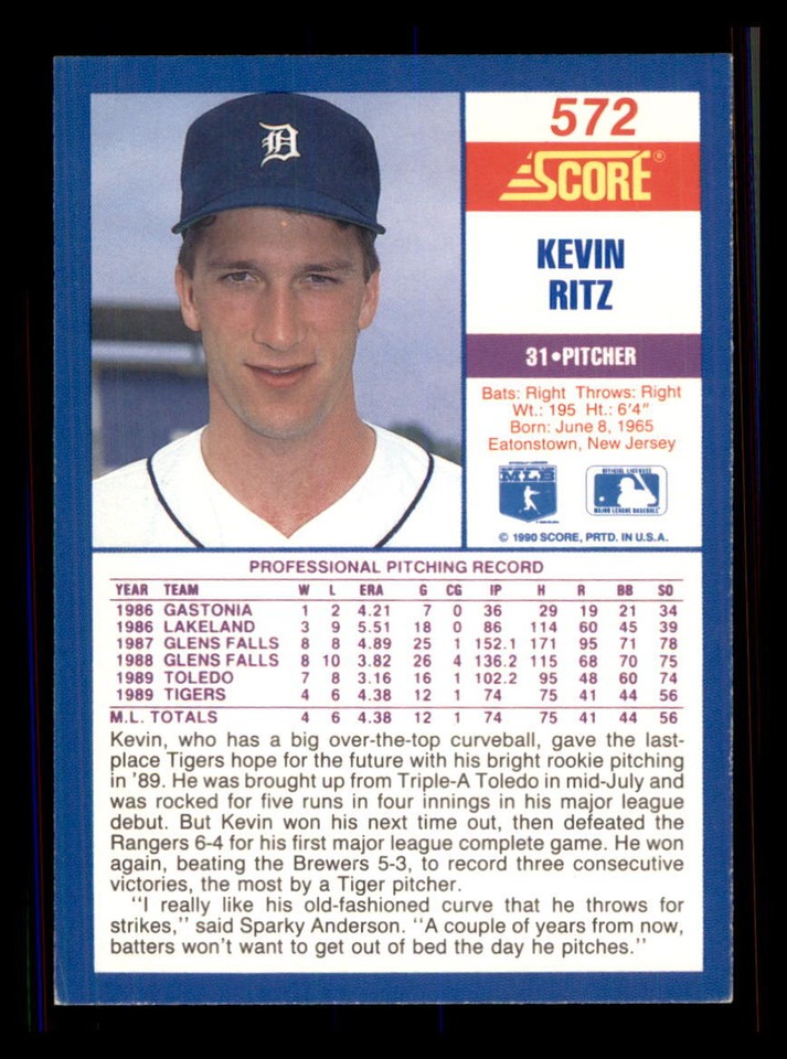 1990 Baseball 1990 Score Kevin Ritz Detroit Tigers #572 RC1 | eBay