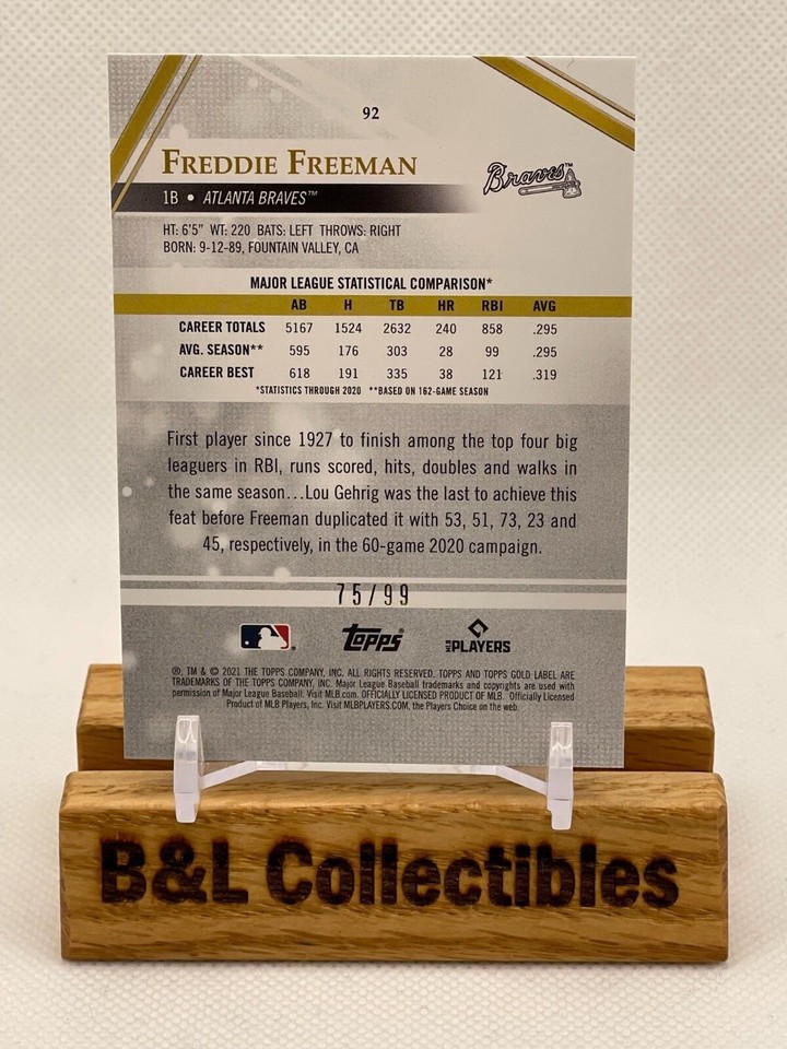 2021 Topps Gold Label Blue Foil #92 Freddie Freeman #/99 Atlanta Braves ...