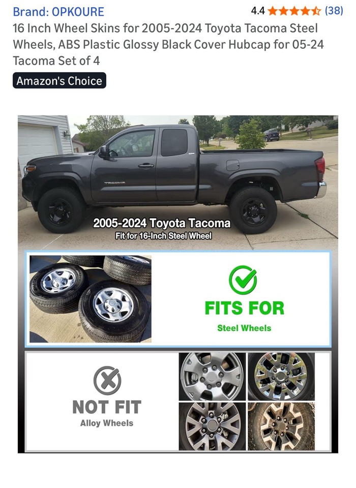 16 Inch Wheel Skins for 2005-2024 Toyota Tacoma Steel Wheels, ABS ...