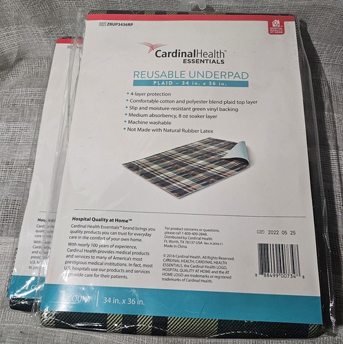 Cardinal Health Essentials Plaid 34x36" Reusable Underpad Bed Pad ...