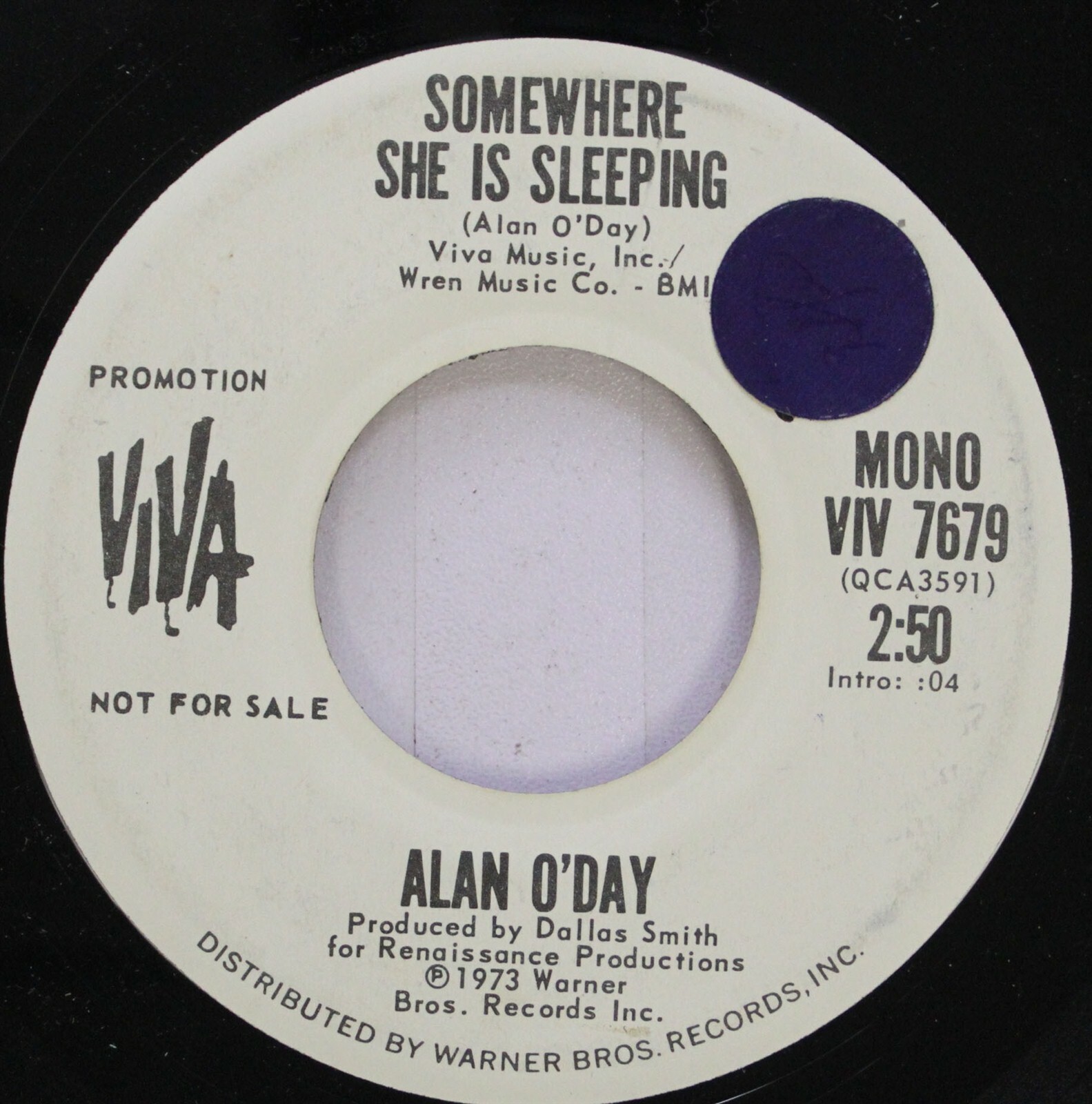 Rock Promo 45 Alan O'Day - Somewhere She Is Sleeping / Somewhere She Is ...