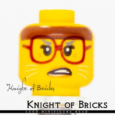 LEGO Minifigure Head YELLOW Female Girl Brown Headband Dark Red Glasses ...
