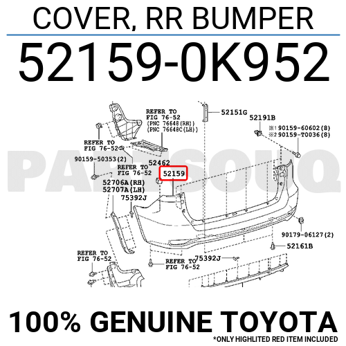 521590K952 Genuine Toyota COVER, RR BUMPER 52159-0K952 | eBay