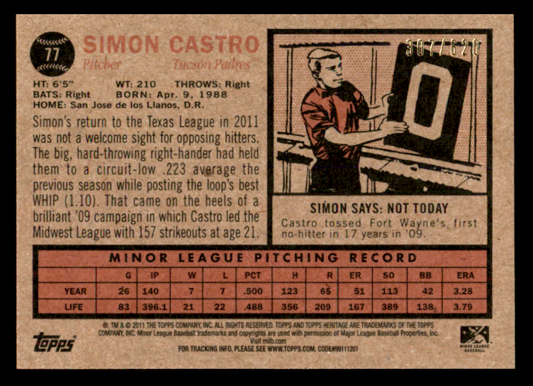2011 Topps Heritage Minor League Simon Castro Blue Tint SN307/620 #77 ...