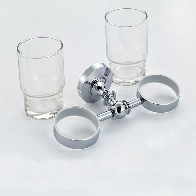 Polished Chrome Wall Mounted Bathroom Toothbrush Holder with Two Glass ...