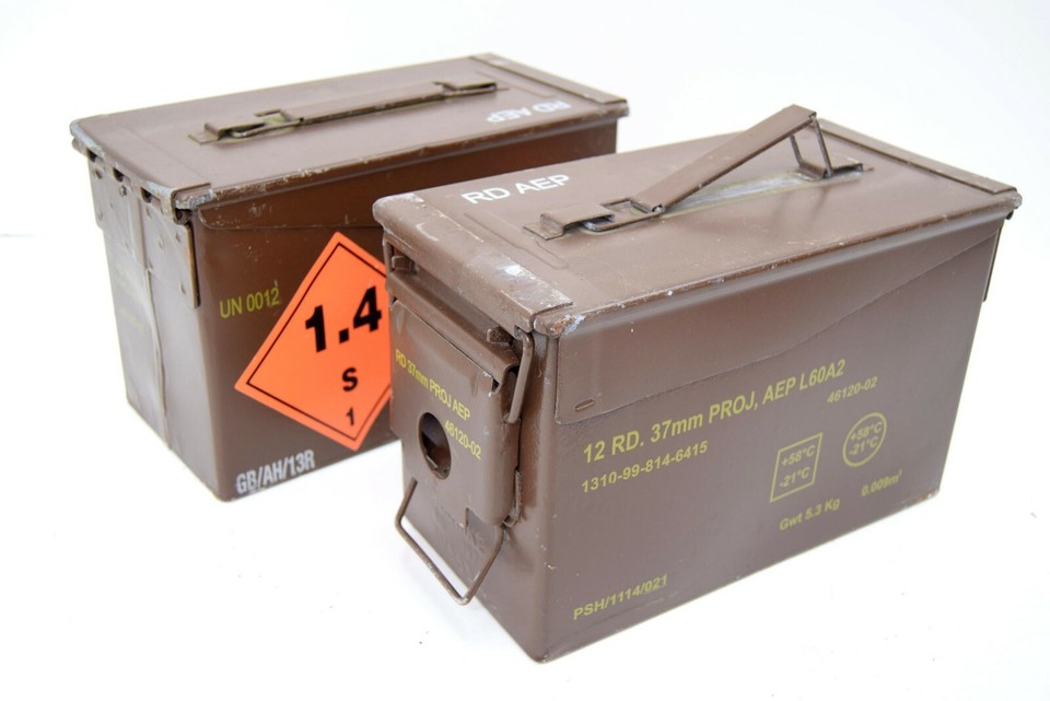 British Army 50 Cal Ammo Box 37MM Tool Box Metal Storage Brown Tin ...